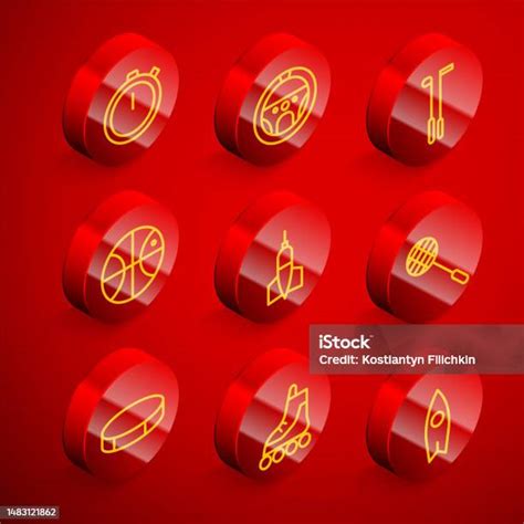 세트 라인 스톱워치 스티어링 휠 골프 클럽 농구 공 다트 화살표 테니스 라켓 하키 퍽 및 롤러 스케이트 아이콘 벡터 3차원