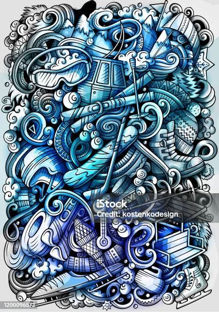 겨울 스포츠 손으로 그린 낙서 배경입니다 만화 상세한 일러스트 겨울에 대한 스톡 벡터 아트 및 기타 이미지 겨울 레저 추구 프레임 Istock