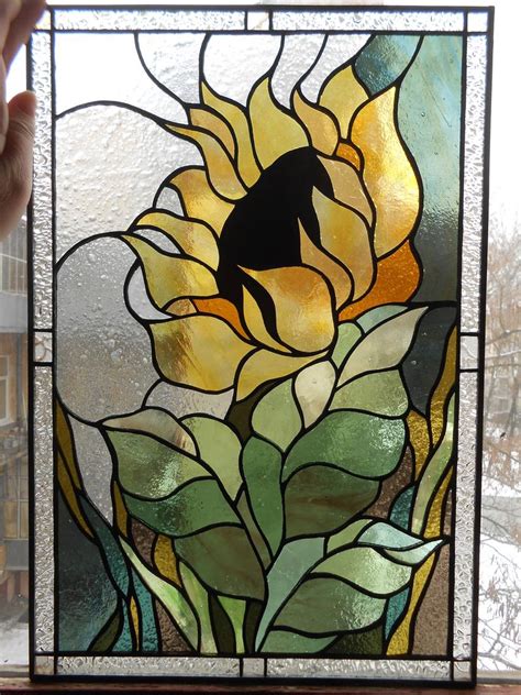 Sunflower Stained Glass Panel Window Hanging Floral Decor In Tiffany