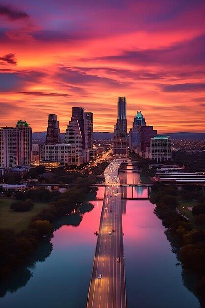 Stunning Capture Of Austin City Skyline At Sunset Reflecting On Lady