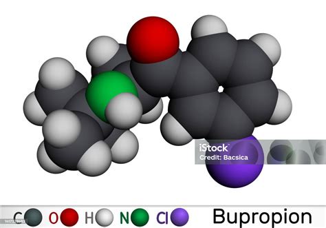 부프로피온 분자 그것은 아미노 케톤 항우울제 우울증과 금연의 치료에 사용됩니다 분자 모델 3d 렌더링 3차원 형태에 대한 스톡