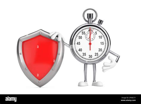Modern Stopwatch Cartoon Person Character Mascot With Red Metal Protection Shield On A White
