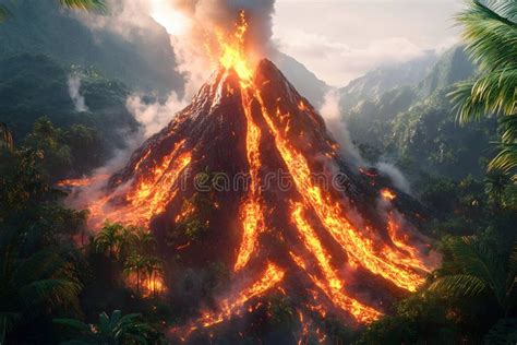 Erupting Volcano With Flowing Lava In Lush Green Jungle Stock Image