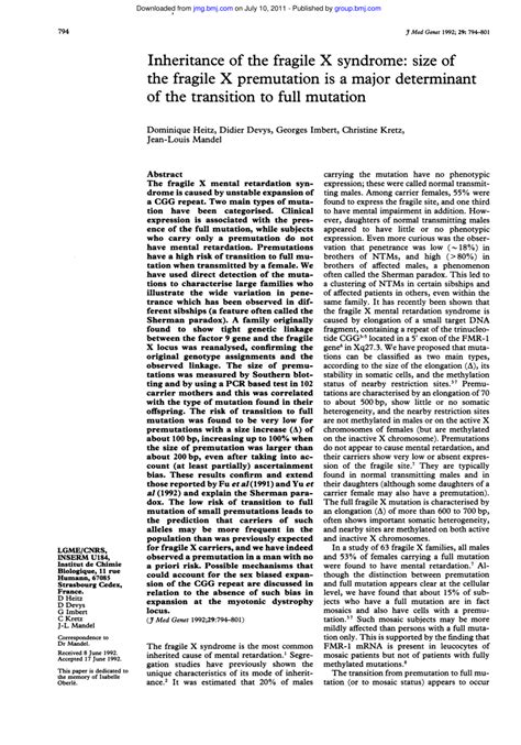 Pdf Inheritance Of The Fragile X Syndrome Size Of The Fragile X