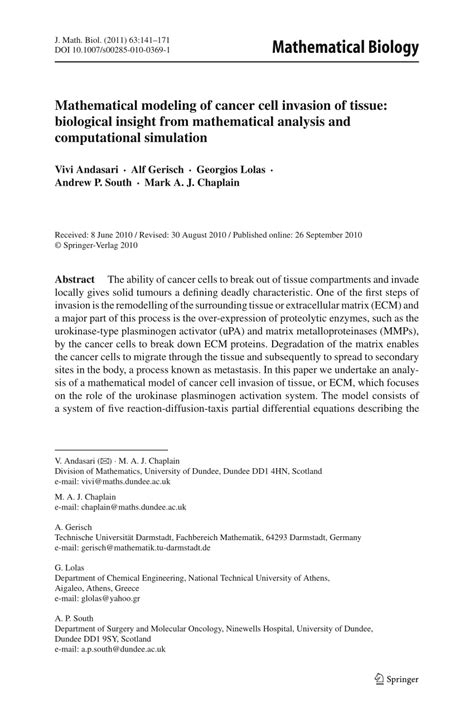 Pdf Mathematical Modeling Of Cancer Cell Invasion Of Tissue