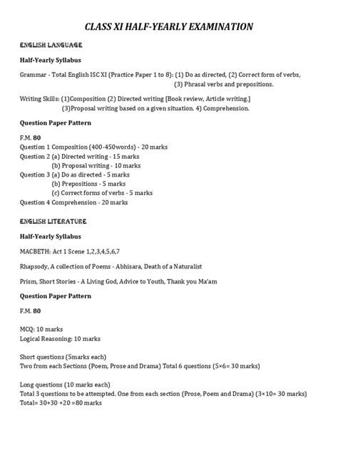 Class Xi Half Yearly 2025 Syllabus And Question Paper Pattern Pdf
