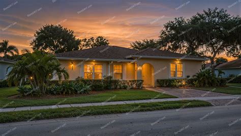 Warm Sunset Glow On Cozy Suburban Florida Home Hi Res Image