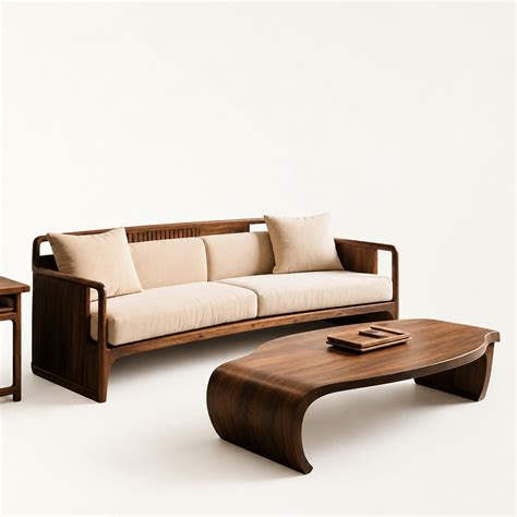 Organic Modern Walnut And Beige Linen Sofawarm Walnut Statement Sofa