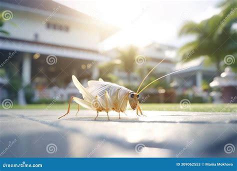 White Grasshopper Crawling On The Kitchen Floor In A Brightly Lit Room