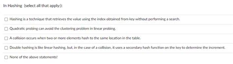 Solved In Hashing Select All That Apply Hashing Is A Chegg