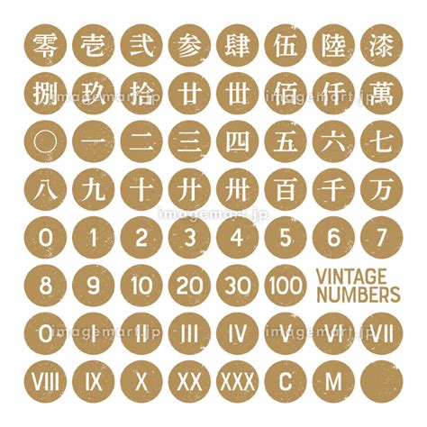 かすれたビンテージ調の丸数字 漢数字・旧字大字・アラビア数字・ローマ数字のセットのイラスト素材 224270234 イメージマート