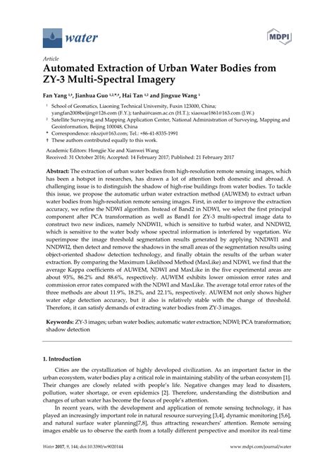 Pdf Automated Extraction Of Urban Water Bodies From Zy‐3 Multi‐spectral Imagery