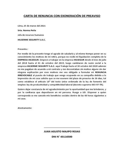 Carta De Renuncia Con Exoneración De Preaviso Pdf Finanzas Y Dinero