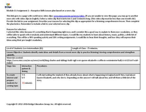 Module 13 Assignment 1 Tefl Module 13 Assignment 1 Receptive Skills Lesson Plan Based On A