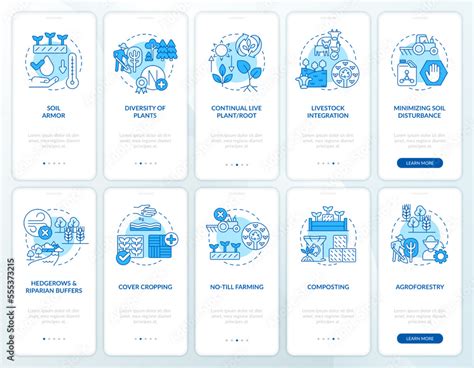 Regenerative Agriculture Blue Onboarding Mobile App Screens Set Walkthrough 5 Steps Editable