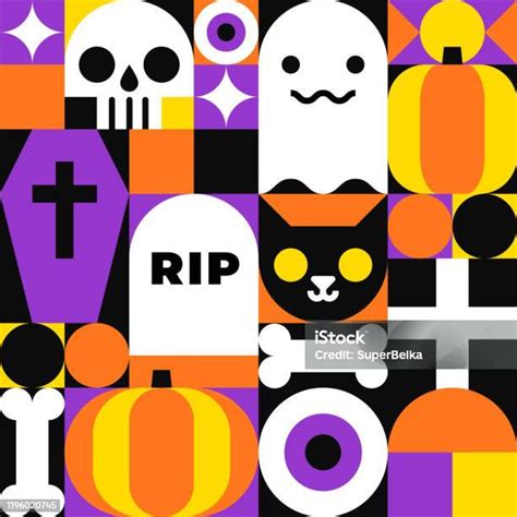 해피 할로윈 원활한 패턴입니다 기하학적 스타일의 두개골 유령 검은 고양이 뼈 호박 별 및 기타 유령 요소 할로윈에 대한 스톡