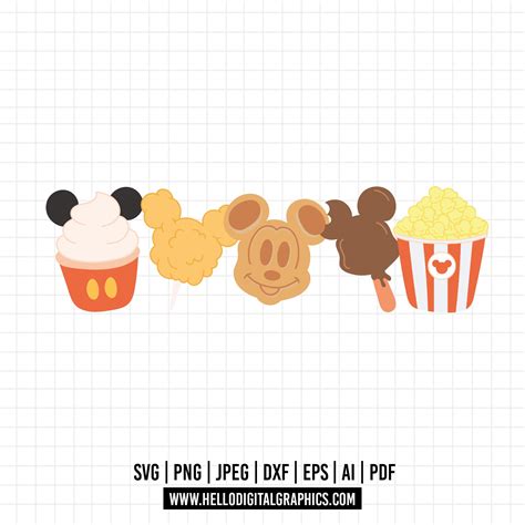 A Clipart Image Featuring Various Mickey Mouse Themed Food Items Including A Cupcake Popcorn
