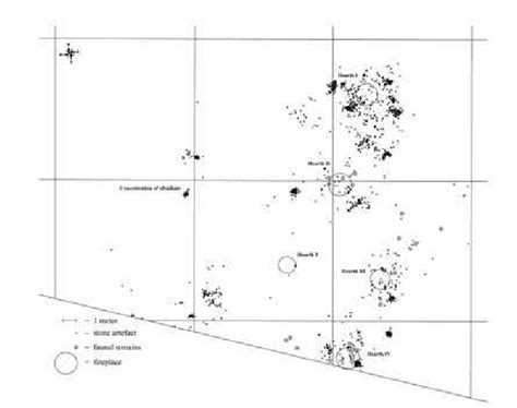 Spatial Distribution Of The Artifacts Hearths And Faunal Remains