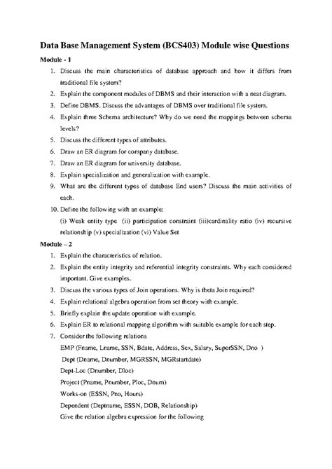 Module Wise Questions Data Base Management System Bcs403 Module