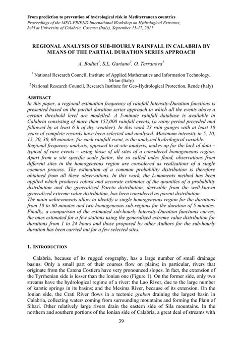 Pdf Regional Analysis Of Sub Hourly Rainfall In Calabria By Means Of
