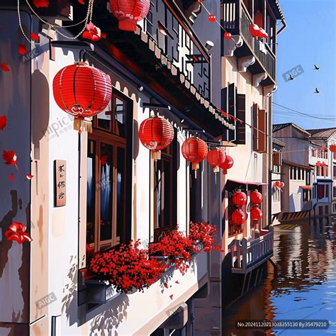 Ai创作图同里插画同里红色 七宝古镇插画 唯美浪漫江南水乡风情 山水画江南水乡红灯笼 插画江南 南后街插画 江南小巷场景 红灯笼巷道 西塘插画西塘红色 中式复古街区 江南水乡模拟场景 复古风情