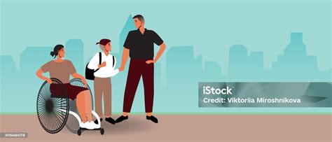 엄마 장애인과 아버지는 학교 소년을 학교에 호위하고 학교 운동장에서 야외 가족과 함께 평면 벡터 스톡 일러스트레이션 복사 공간 템플릿 가족에 대한 스톡 벡터 아트 및 기타