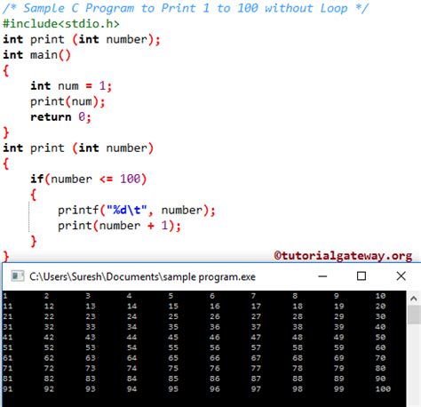 Sample C Program To Print 1 To 100