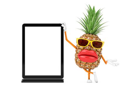 재미 만화 패션 힙스터 컷 파인애플 사람 캐릭터 마스코트 빈 무역 쇼 Lcd 화면 은 당신의 디자인을위한 템플릿으로 스탠드 3d