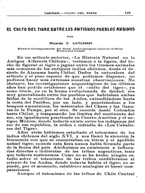 El Culto Del Tigre Entre Los Antiguos Pueblos Andinos Latcham 1926 Pdf