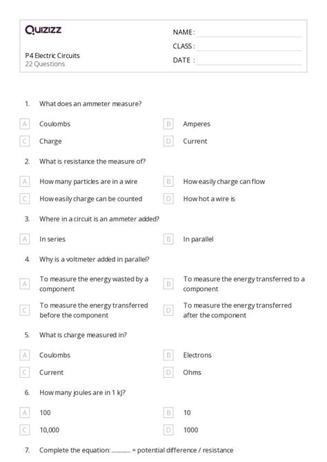 50 Electric Power And Dc Circuits Worksheets On Quizizz Free And Printable
