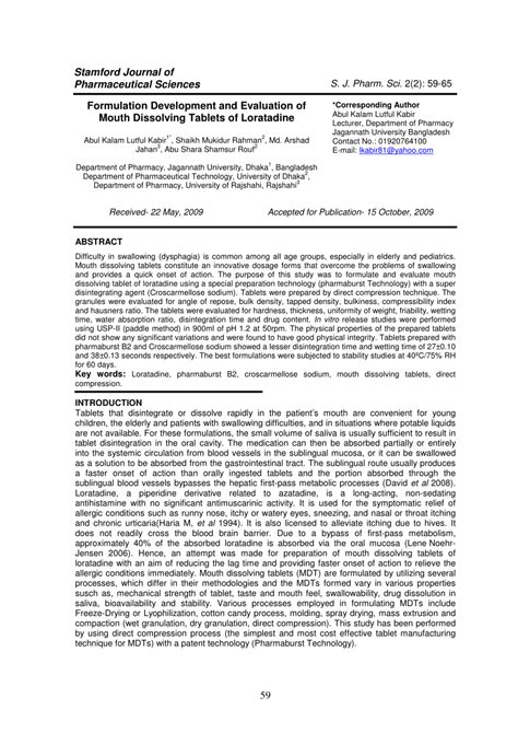 Pdf Formulation Development And Evaluation Of Mouth Dissolving Tablets Of Loratadine