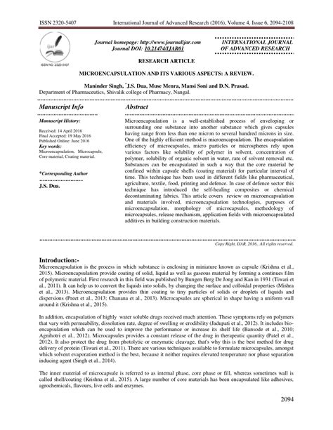 Pdf Microencapsulation And Its Various Aspects A Review