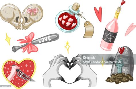 소름 끼치는 발렌타인 클립 아트 으스스한 발렌타인 파스텔 고스 디지털 스티커 대체 발렌타인 데이 벡터 Eps10 마녀에 대한 스톡 벡터 아트 및 기타 이미지 Istock