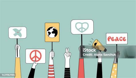 인간의 손에는 평화를 촉구하는 표지판 배너 및 플래카드가 들고 있습니다 선거권에 대한 스톡 벡터 아트 및 기타 이미지 선거권 운동가 일러스트레이션 Istock