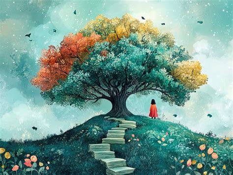 A Serene Landscape With A Vibrant Fall Tree On A Small Hill Lush