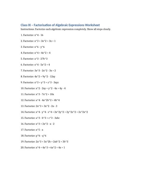 Factorisation Algebraic Expressions Worksheet Pdf
