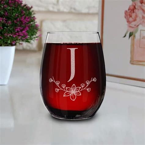 Custom Wine Glass 15oz Floral Monogram Engraved Laser Engraved Stemless
