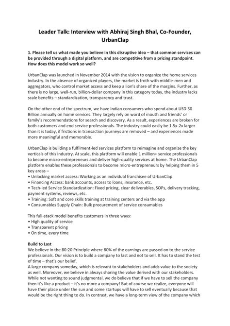 Ppt Interview With Abhiraj Singh Bhal Co Founder And Ceo Urban Company Formerly Urbanclap