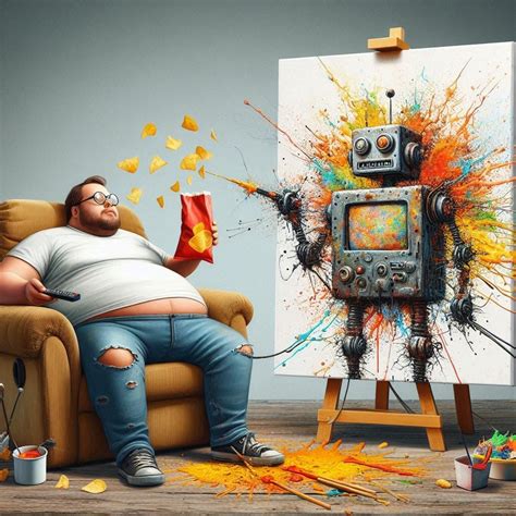 Lazy Man With Lazy Robot Make An Art Together R Hellaflyai