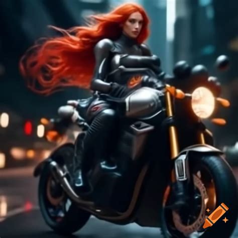 Stylish Woman In Stockings Riding Motorcycle Through Vibrant Urban