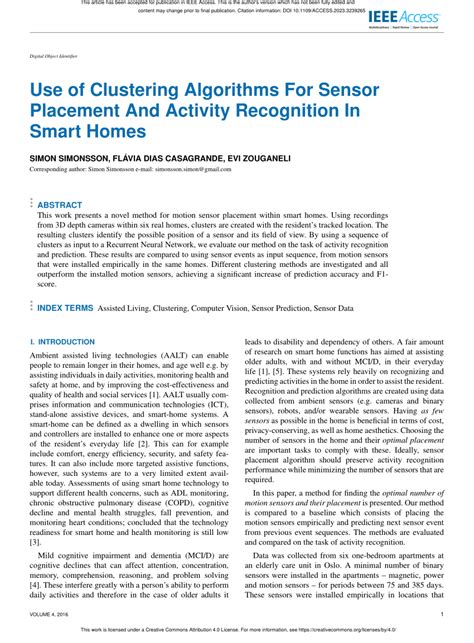 Pdf Use Of Clustering Algorithms For Sensor Placement And Activity Recognition In Smart Homes