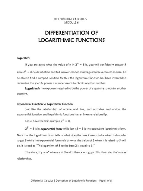 Differentiation Of Logarithmic Function Pdf Logarithm Derivative