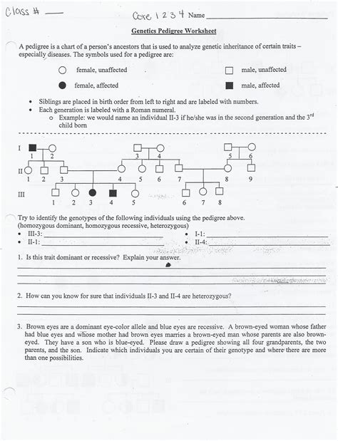 Genetics Pedigree Worksheet Answer Key — Db