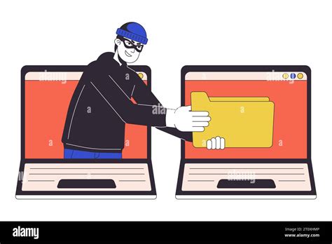 Thief Stealing Data From Laptop Flat Line Concept Vector Spot Illustration Stock Vector Image
