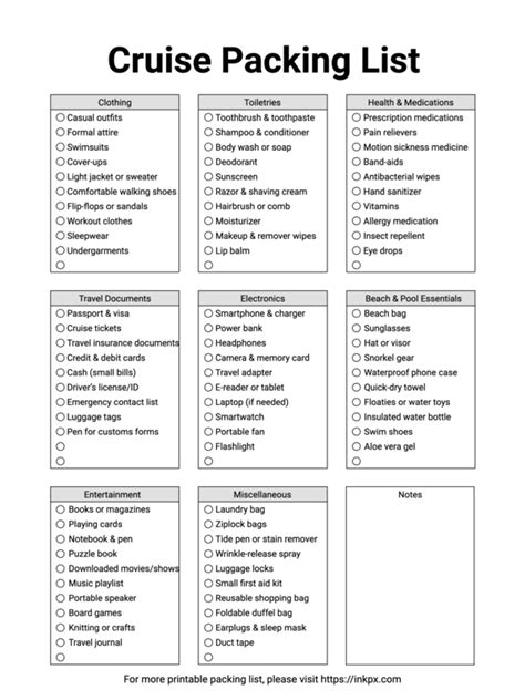 Free Printable Rect Style Cruise Packing List Template · Inkpx