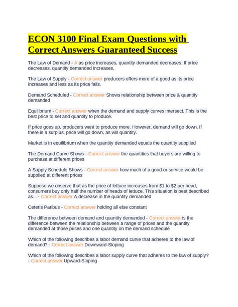 ECON 3100 Final Exam Questions With Correct Answers Guaranteed Success Exams Economics Docsity