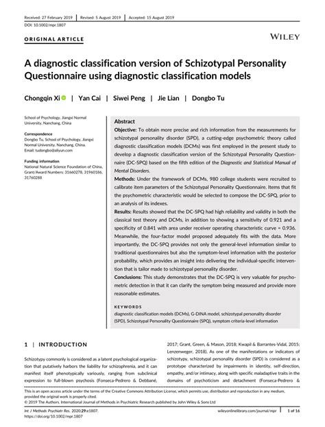 Pdf A Diagnostic Classification Version Of Schizotypal Personality Questionnaire Using