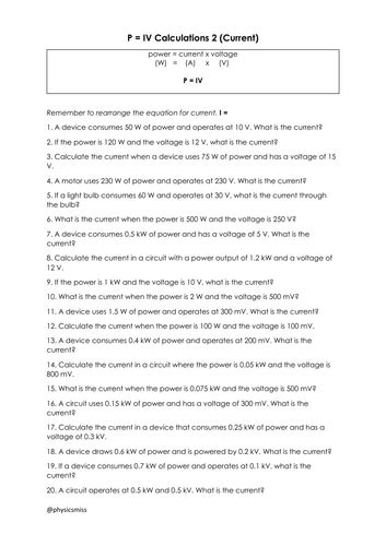 Gcse Physics Worksheets [p Iv] Power Current Voltage Calculations W Solutions Teaching Resources