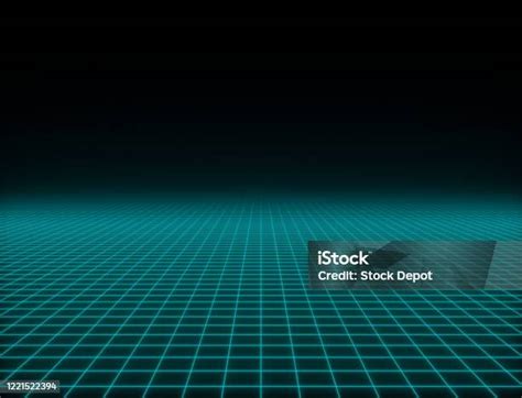 복고풍 스타일의 네온 그릴 파란색 빛나는 그리드 바닥 미래 지향적 인 그리드 배경 3d 렌더링 0명에 대한 스톡 사진 및 기타 이미지 Istock