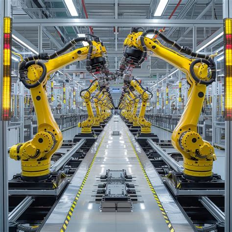 Automated Assembly Line With Yellow Robotic Arms In High Tech Factory
